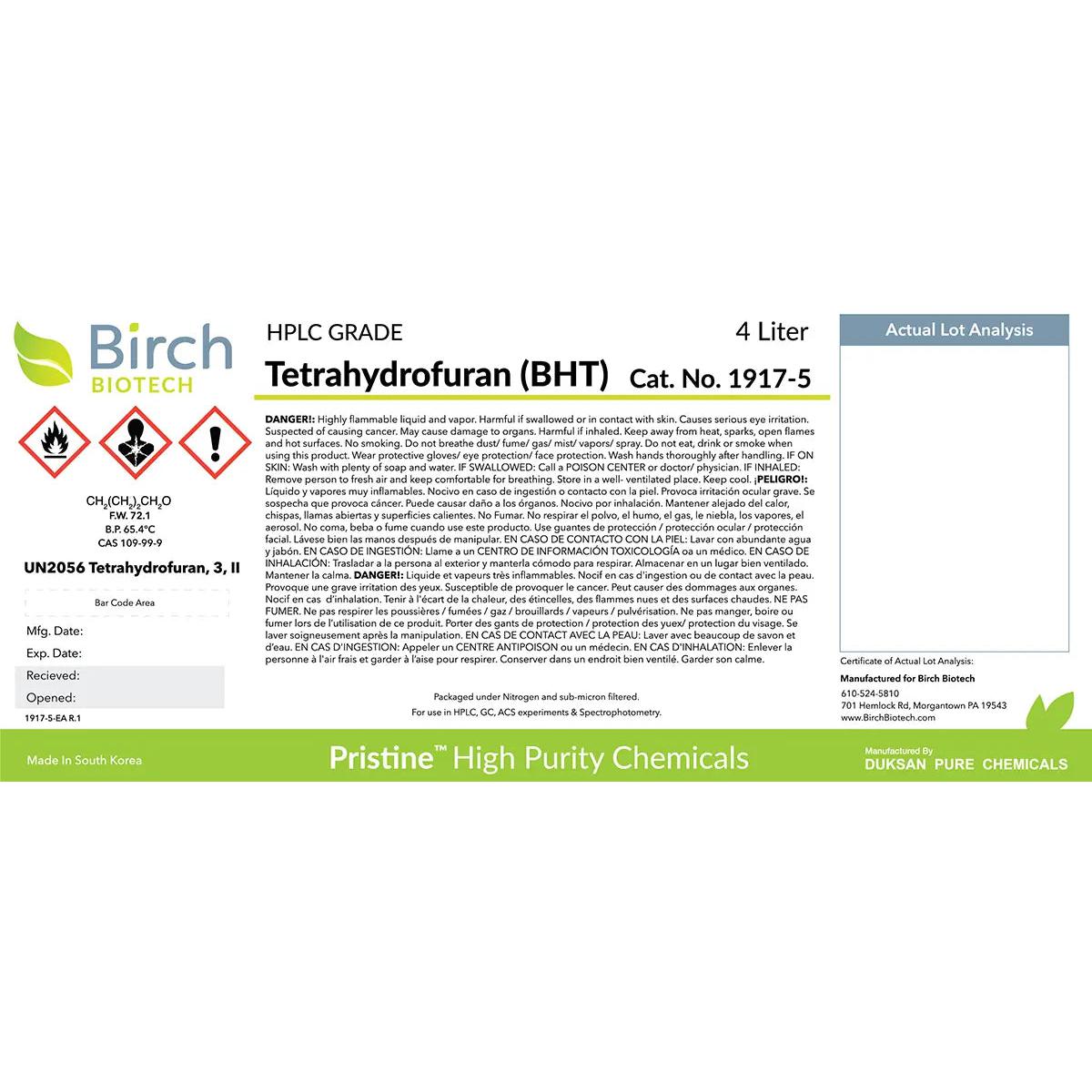 PRISTINE® Tetrahydrofuran (Stabilized with BHT), HPLC Grade, High-Perf